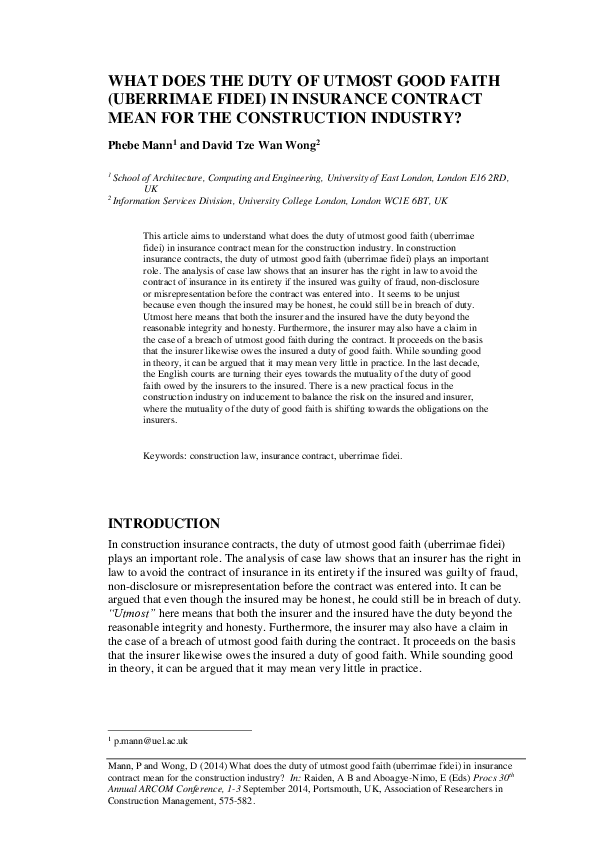 (PDF) What Does the Duty of Utmost Good Faith (Uberrimae Fidei) in ...