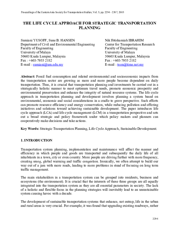 (PDF) The Life Cycle Approach for Strategic Transportation Planning
