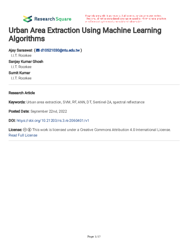 (PDF) Urban Area Extraction Using Machine Learning Algorithms