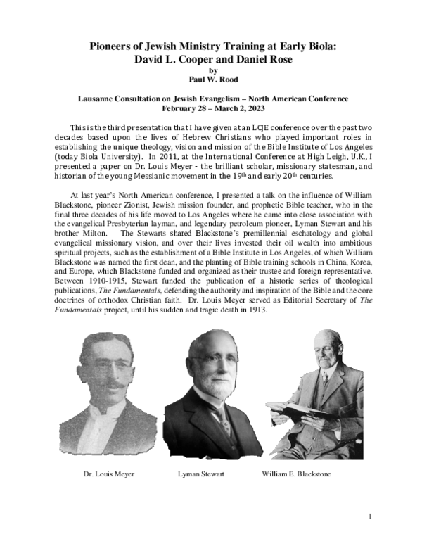 (PDF) Pioneers of Jewish Ministry Training at Early Biola