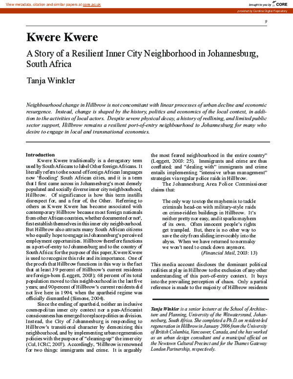 (PDF) Kwere Kwere: A Story of a Resilient Inner City Neighborhood in Johannesburg, South Africa