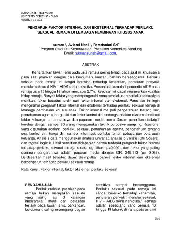 (PDF) Pengaruh Faktor Internal Dan Eksternal Terhadap Perilaku Seksual Remaja DI Lembaga ...