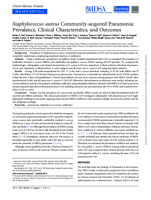 (PDF) Staphylococcus aureus Community-acquired Pneumonia: Prevalence, Clinical Characteristics ...