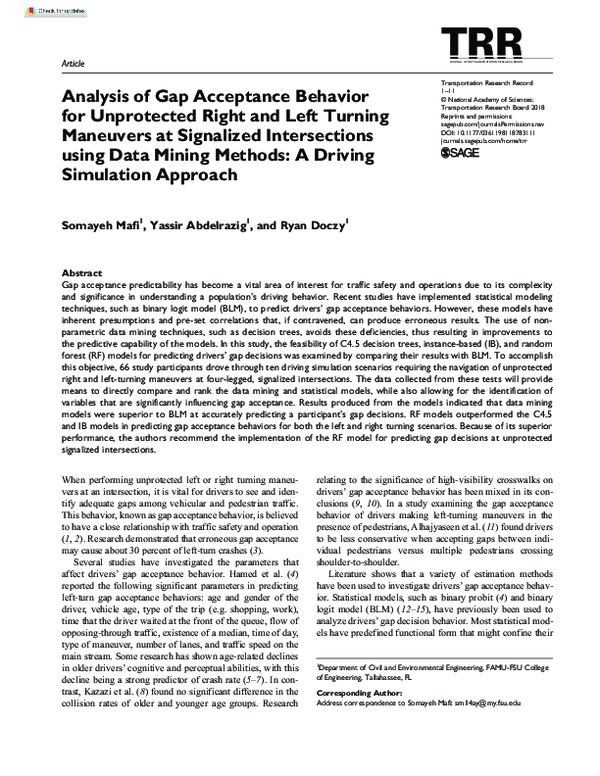 (PDF) Analysis of Gap Acceptance Behavior for Unprotected Right and Left Turning Maneuvers at ...
