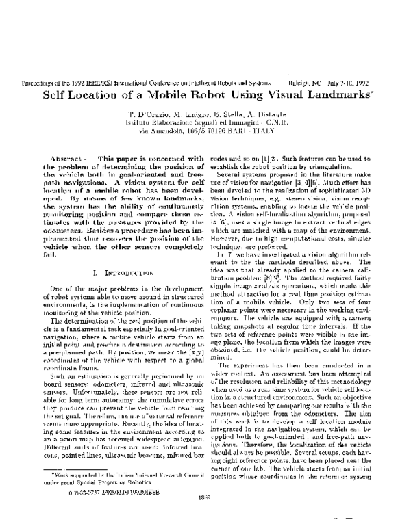 (PDF) Self Location Of A Mobile Robot Using Visual Landmarks | Massimo Ianigro - Academia.edu