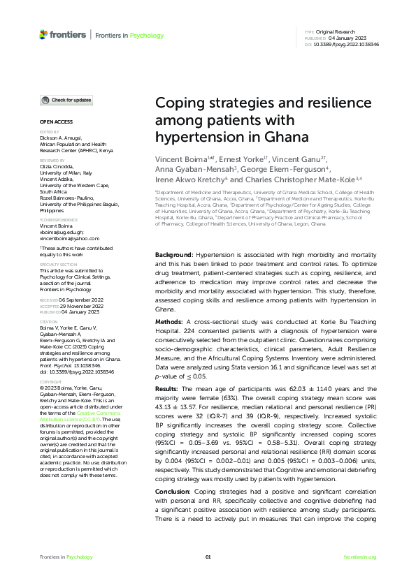 (PDF) Coping strategies and resilience among patients with hypertension in Ghana
