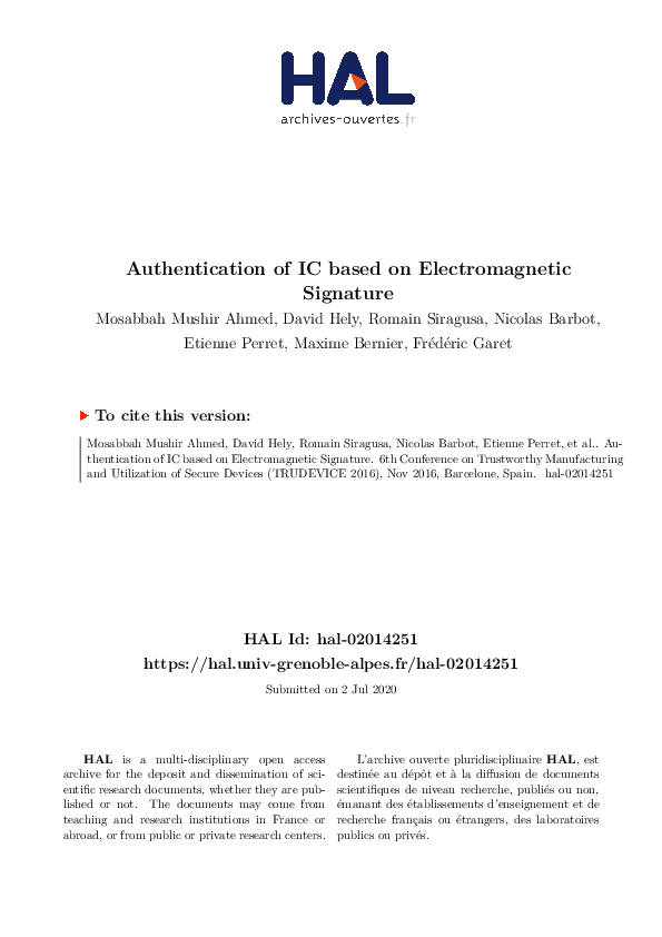(PDF) Authentication of IC based on Electromagnetic Signature