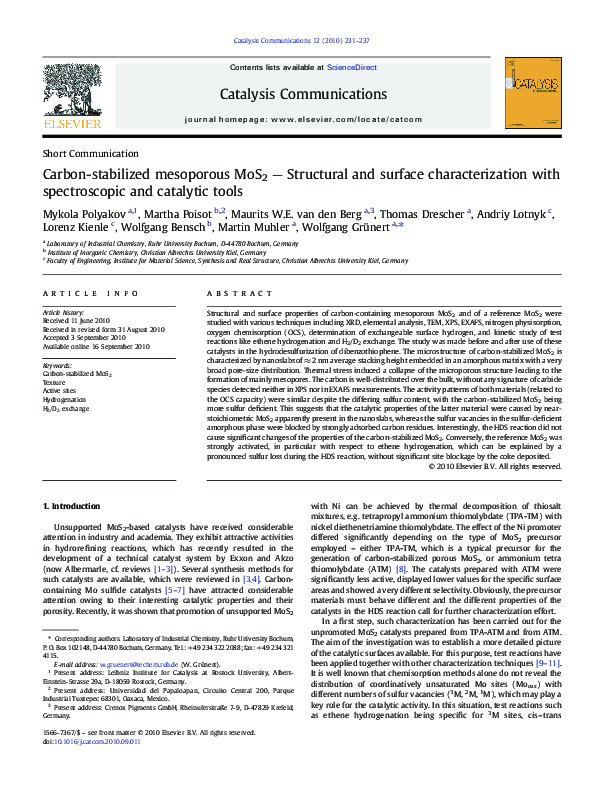 (PDF) Carbon-stabilized mesoporous MoS2 — Structural and surface ...
