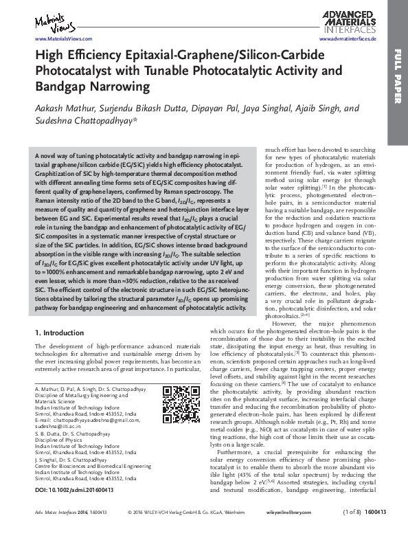 (PDF) High Efficiency Epitaxial-Graphene/Silicon-Carbide Photocatalyst with Tunable ...