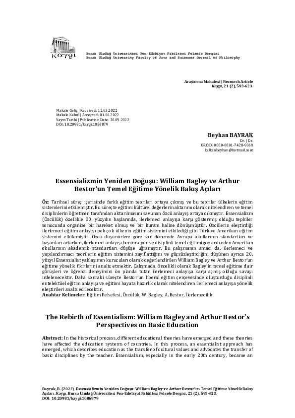 (PDF) Essensializmin Yeniden Doğusu William Bagley ve Arthur Bestor'un ...
