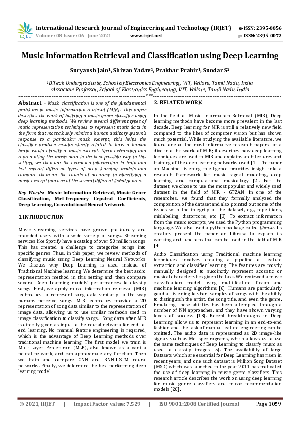 Pdf Music Information Retrieval And Classification Using Deep Learning Shivan Yadav