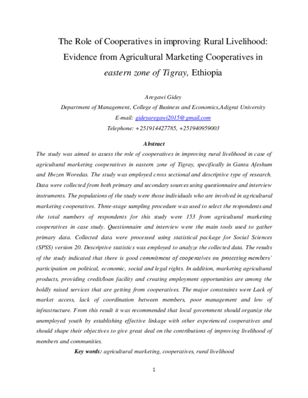 (PDF) The Role of Cooperatives in improving Rural Livelihood: Evidence ...