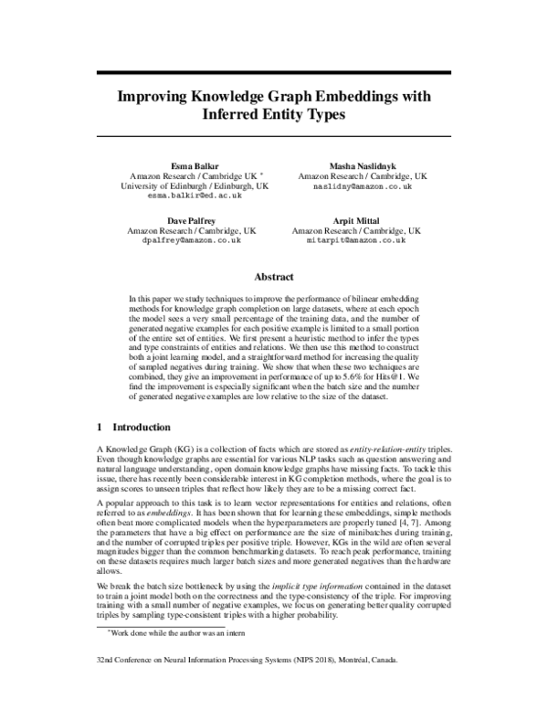 (PDF) Improving Knowledge Graph Embeddings with Inferred Entity Types