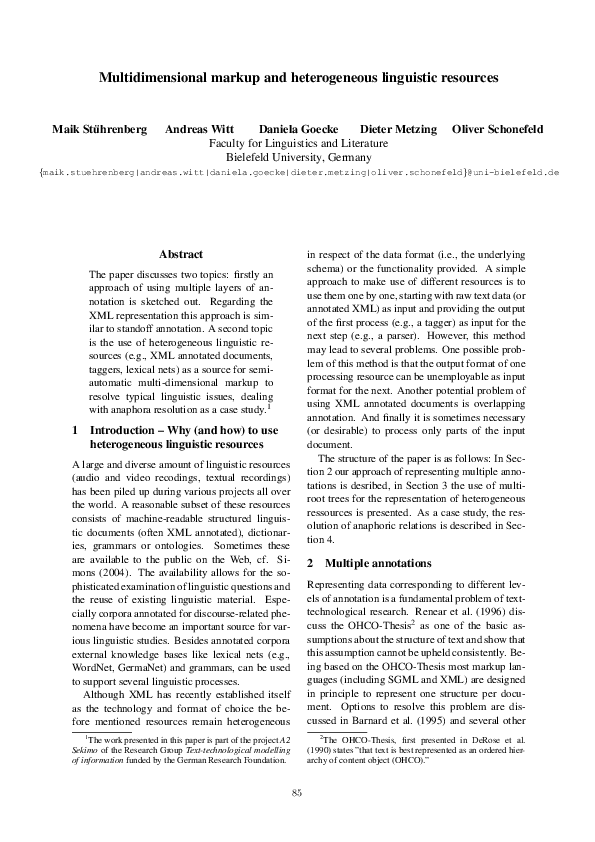 (PDF) Multidimensional markup and heterogeneous linguistic resources