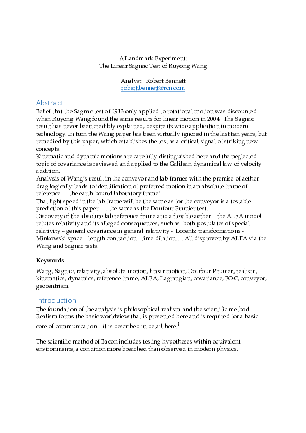 (PDF) A Landmark Experiment: The Linear Sagnac Test of Ruyong Wang