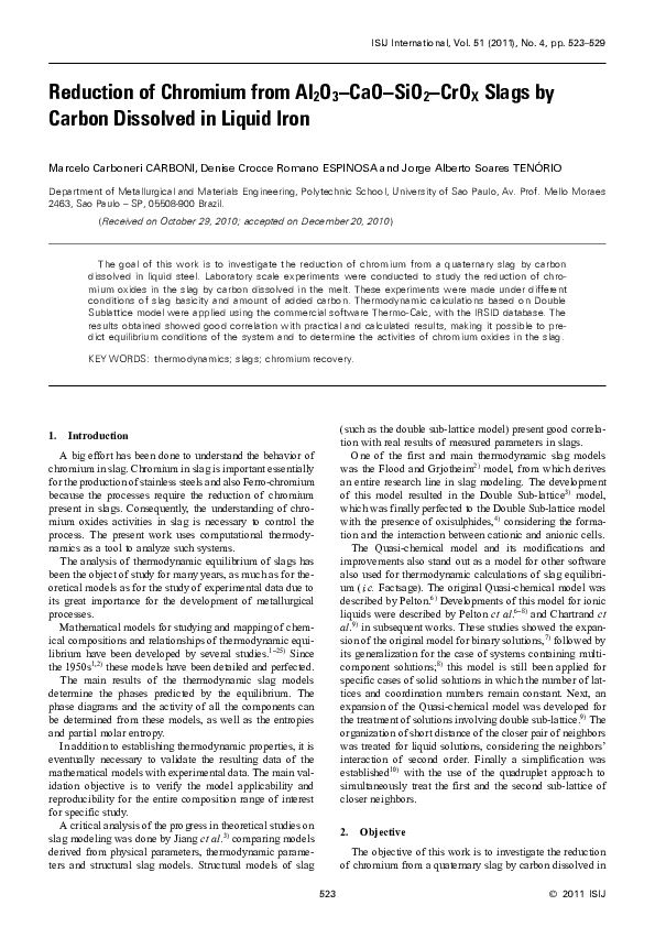 (PDF) Reduction of Chromium from Al2O3–CaO–SiO2–CrOX Slags by Carbon ...