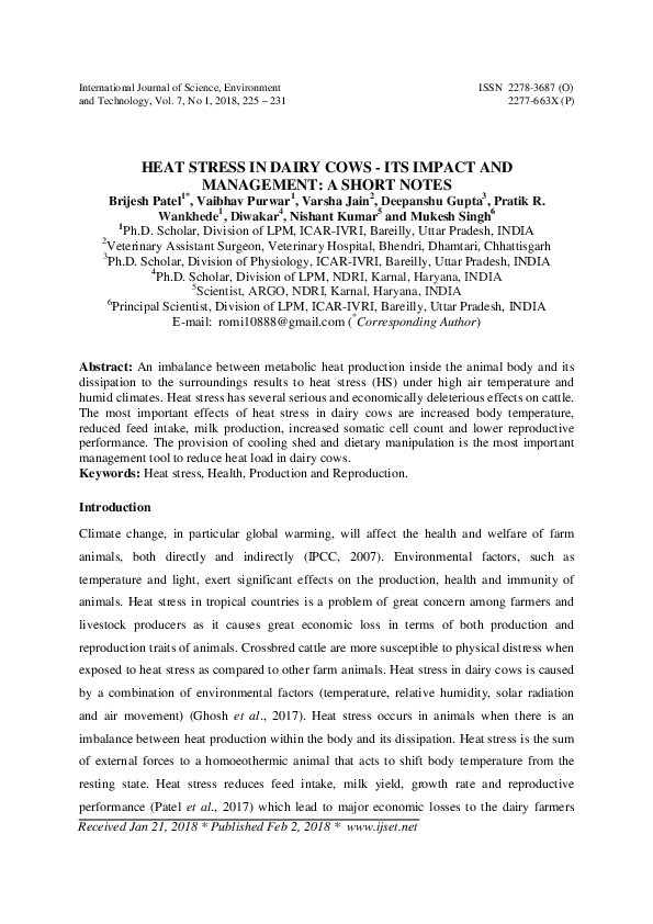 (PDF) Heat Stress in Dairy Cows-Its Impact and Management: A Short Notes