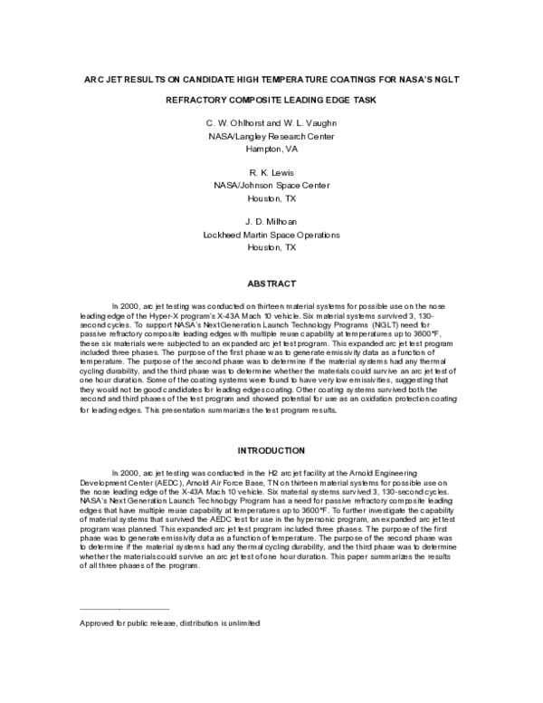 (PDF) Arc Jet Results on Candidate High Temperature Coatings for NASA's ...