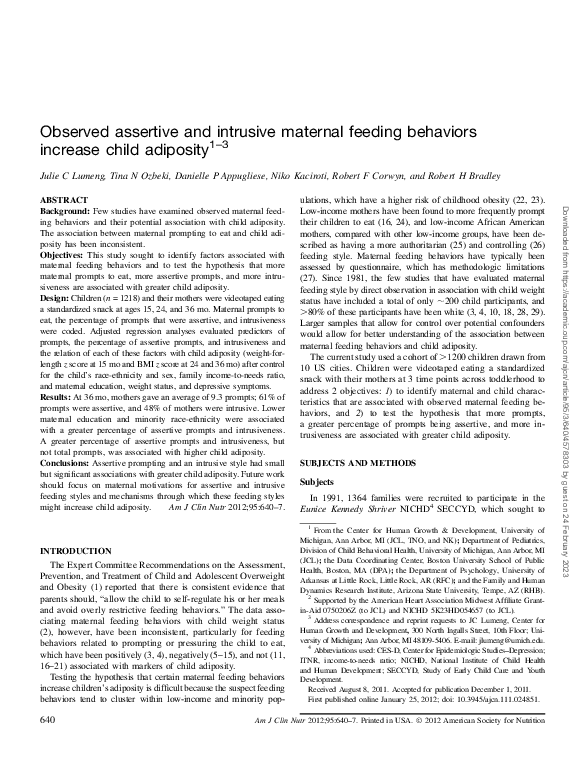 Observed assertive and intrusive maternal feeding behaviors increase child adiposity