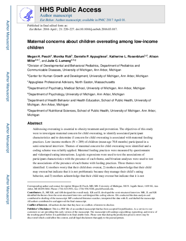 (PDF) Maternal concerns about children overeating among low-income ...