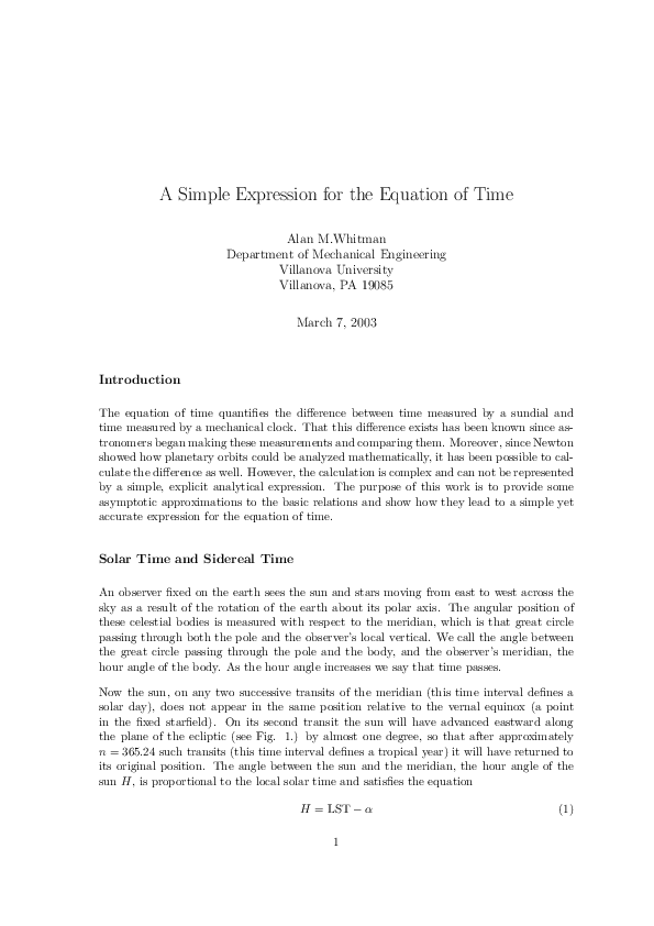(PDF) A Simple Expression for the Equation of Time
