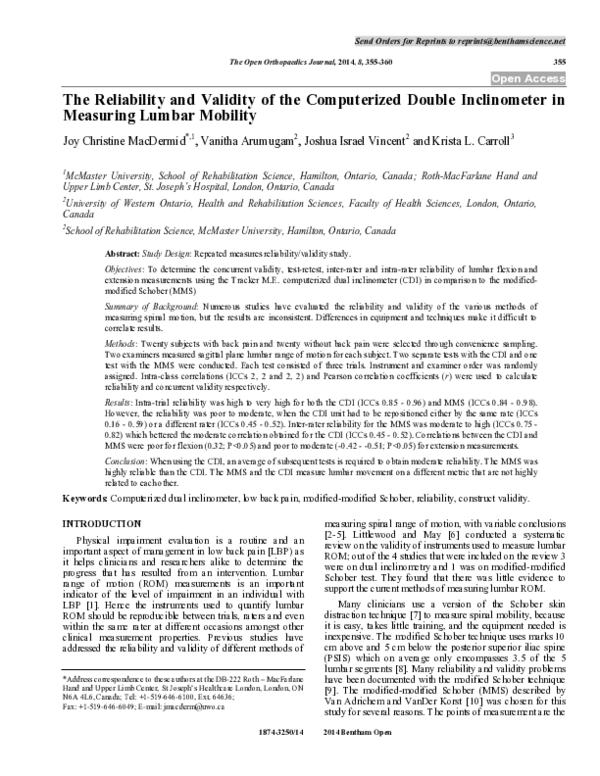 (PDF) The Reliability and Validity of the Computerized Double Inclinometer in Measuring Lumbar ...