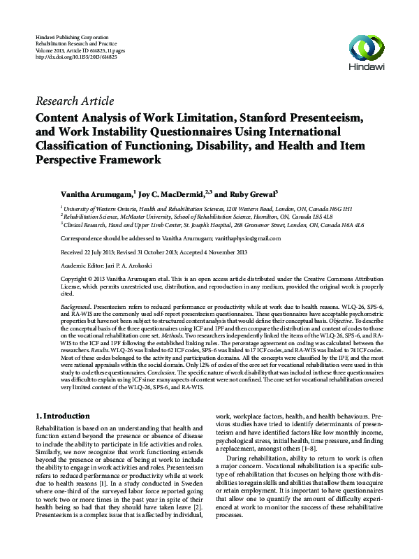 (PDF) Content Analysis of Work Limitation, Stanford Presenteeism, and ...