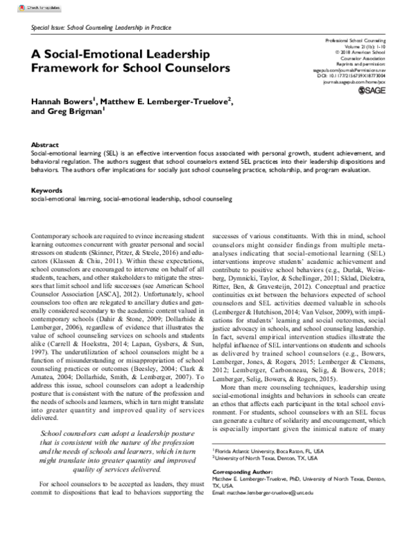 (PDF) A Social-Emotional Leadership Framework for School Counselors