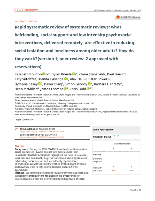 (PDF) Rapid systematic review of systematic reviews: what befriending, social support and low ...