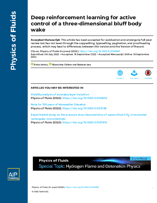 (PDF) Deep reinforcement learning for active control of a three ...