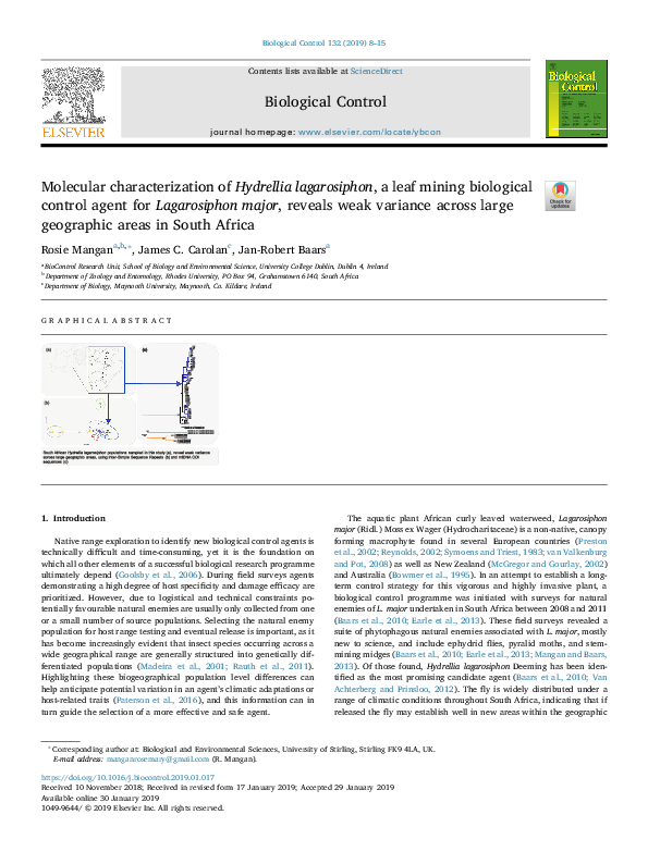 (PDF) Molecular characterization of Hydrellia lagarosiphon, a leaf mining biological control ...