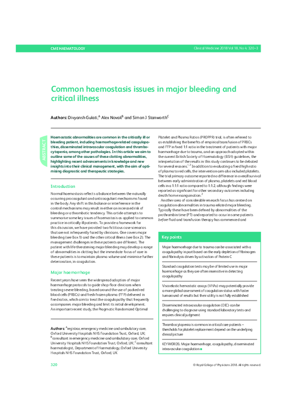 (PDF) Common haemostasis issues in major bleeding and critical illness