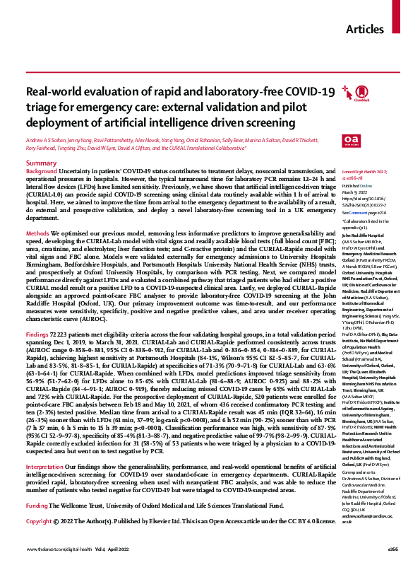 (PDF) Real-world evaluation of rapid and laboratory-free COVID-19 triage for emergency care ...