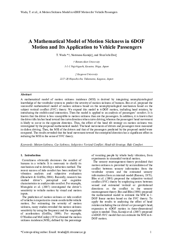 (PDF) A Mathematical Model of Motion Sickness in 6DOF Motion and Its ...