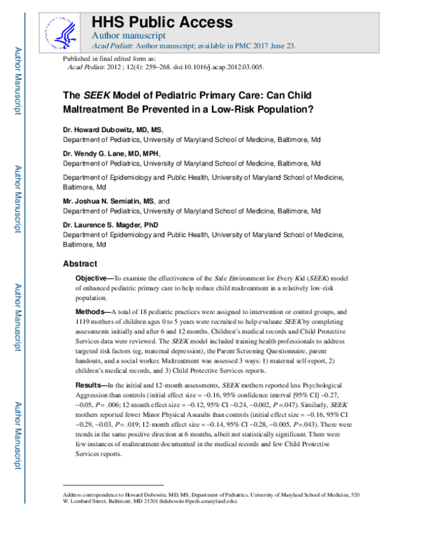 (PDF) The SEEK Model of Pediatric Primary Care: Can Child Maltreatment ...