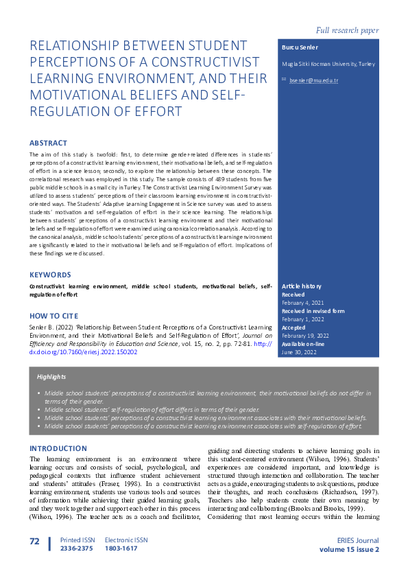 (PDF) Relationship Between Student Perceptions of a Constructivist Learning Environment, and ...