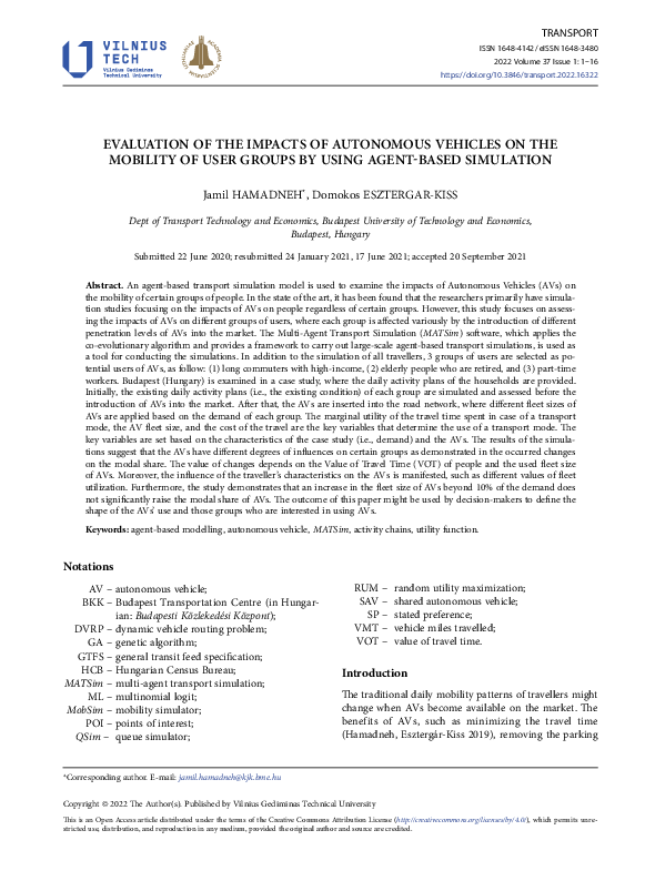 (PDF) Evaluation of the Impacts of Autonomous Vehicles on the Mobility of User Groups by Using ...