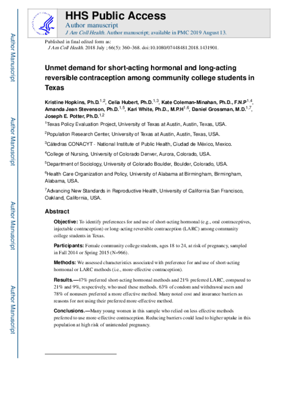 (PDF) Unmet demand for short-acting hormonal and long-acting reversible ...
