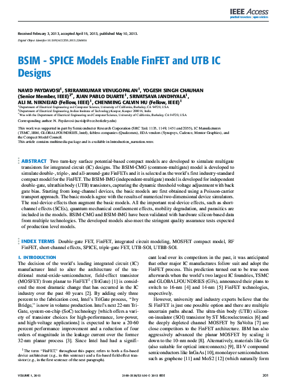 (PDF) BSIM—SPICE Models Enable FinFET and UTB IC Designs