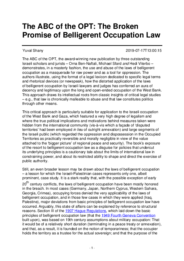 (PDF) The ABC of the OPT: The Broken Promise of Belligerent Occupation ...