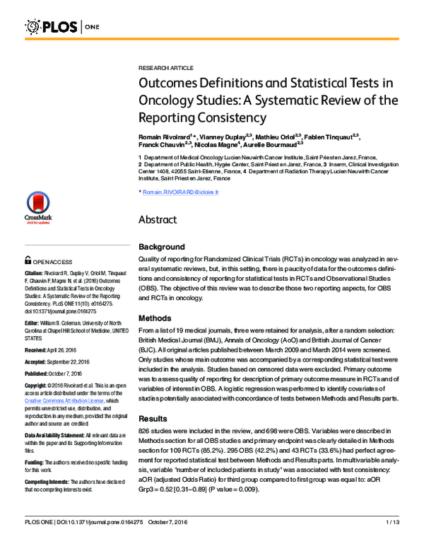 (PDF) Outcomes Definitions and Statistical Tests in Oncology Studies: A ...