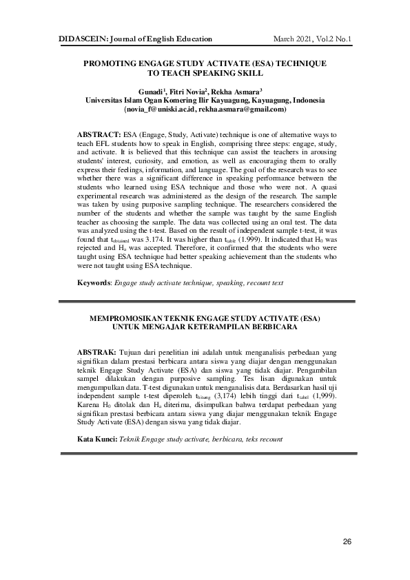 (PDF) Promoting Engage Study Activate (Esa) Technique to Teach Speaking ...