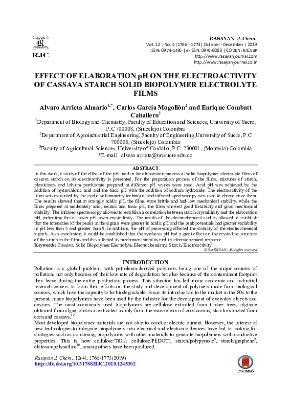 (PDF) EFFECT OF ELABORATION pH ON THE ELECTROACTIVITY OF CASSAVA STARCH ...