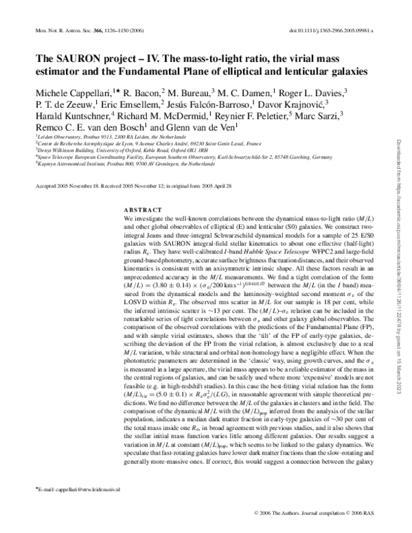 (PDF) The SAURON project--IV. The mass-to-light ratio, the virial mass ...