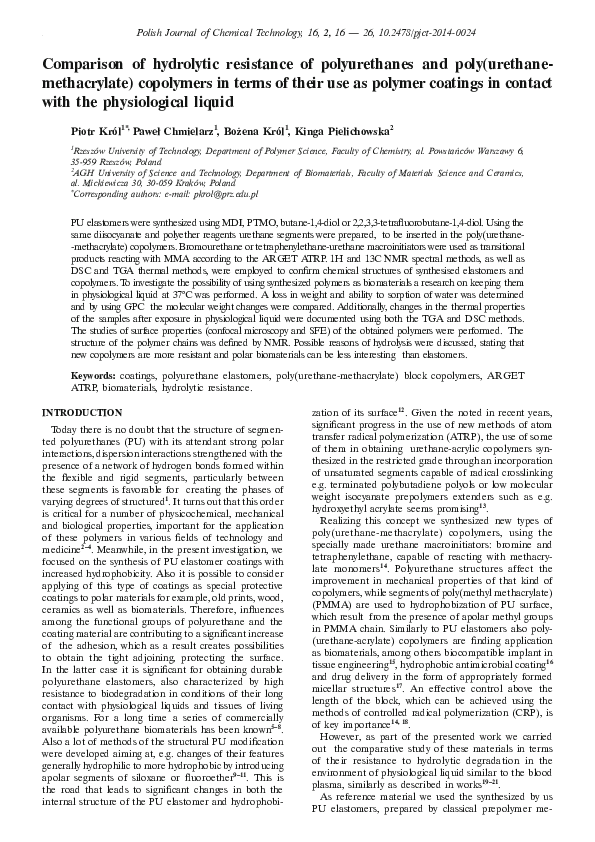 (PDF) Comparison of Hydrolytic Resistance of Polyurethanes and Poly ...