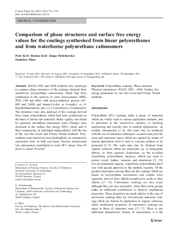 (PDF) Comparison of phase structures and surface free energy values for ...