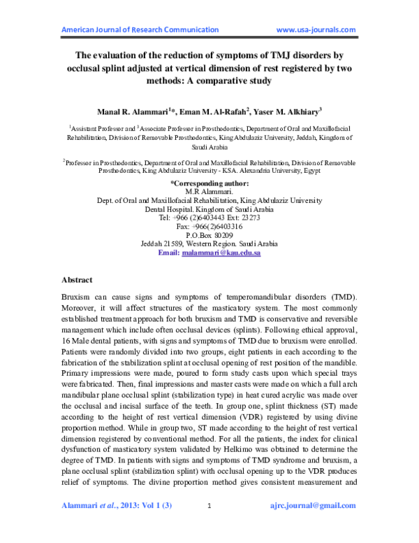 (PDF) The evaluation of the reduction of symptoms of TMJ disorders by ...