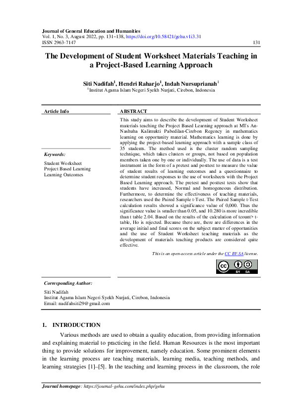 (PDF) The Development of Student Worksheet Materials Teaching in a Project-Based Learning ...