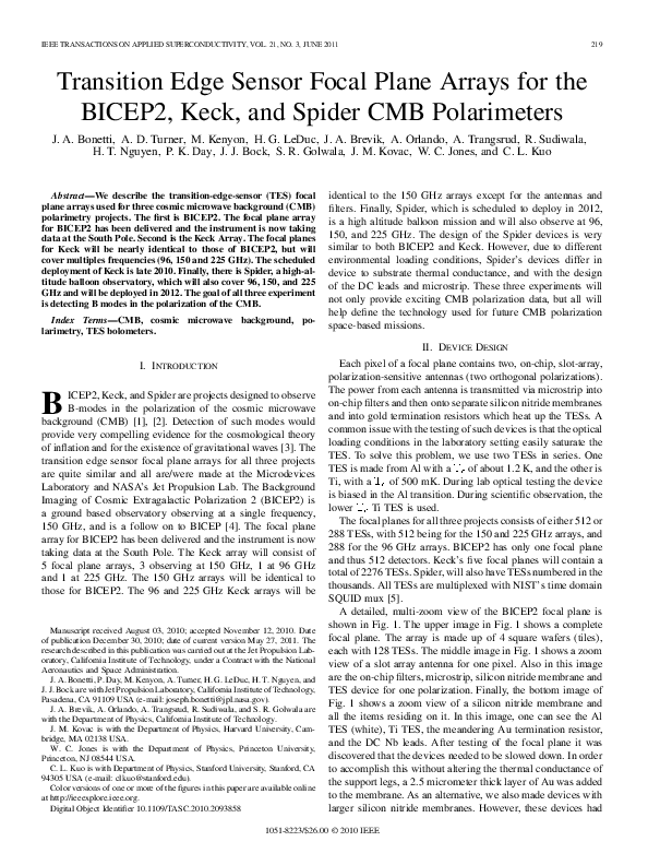 Pdf Transition Edge Sensor Focal Plane Arrays For The Bicep2 Keck And Spider Cmb Polarimeters