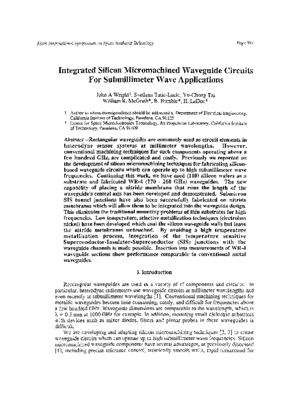 (PDF) Integrated Silicon Micromachined Waveguide Circuits for Submillimeter Wave Applications